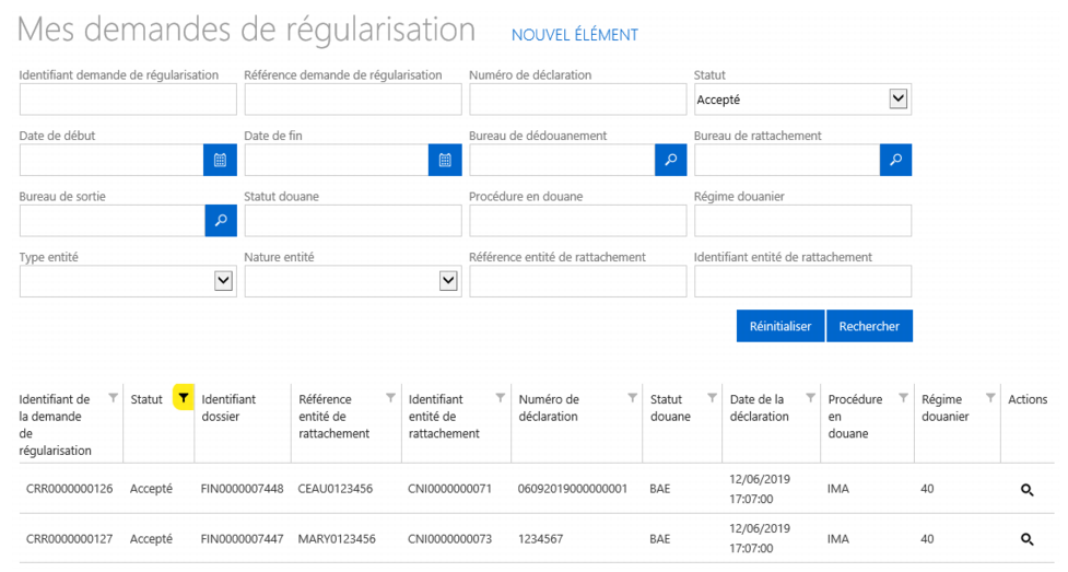 Rechercher une demande de régularisation